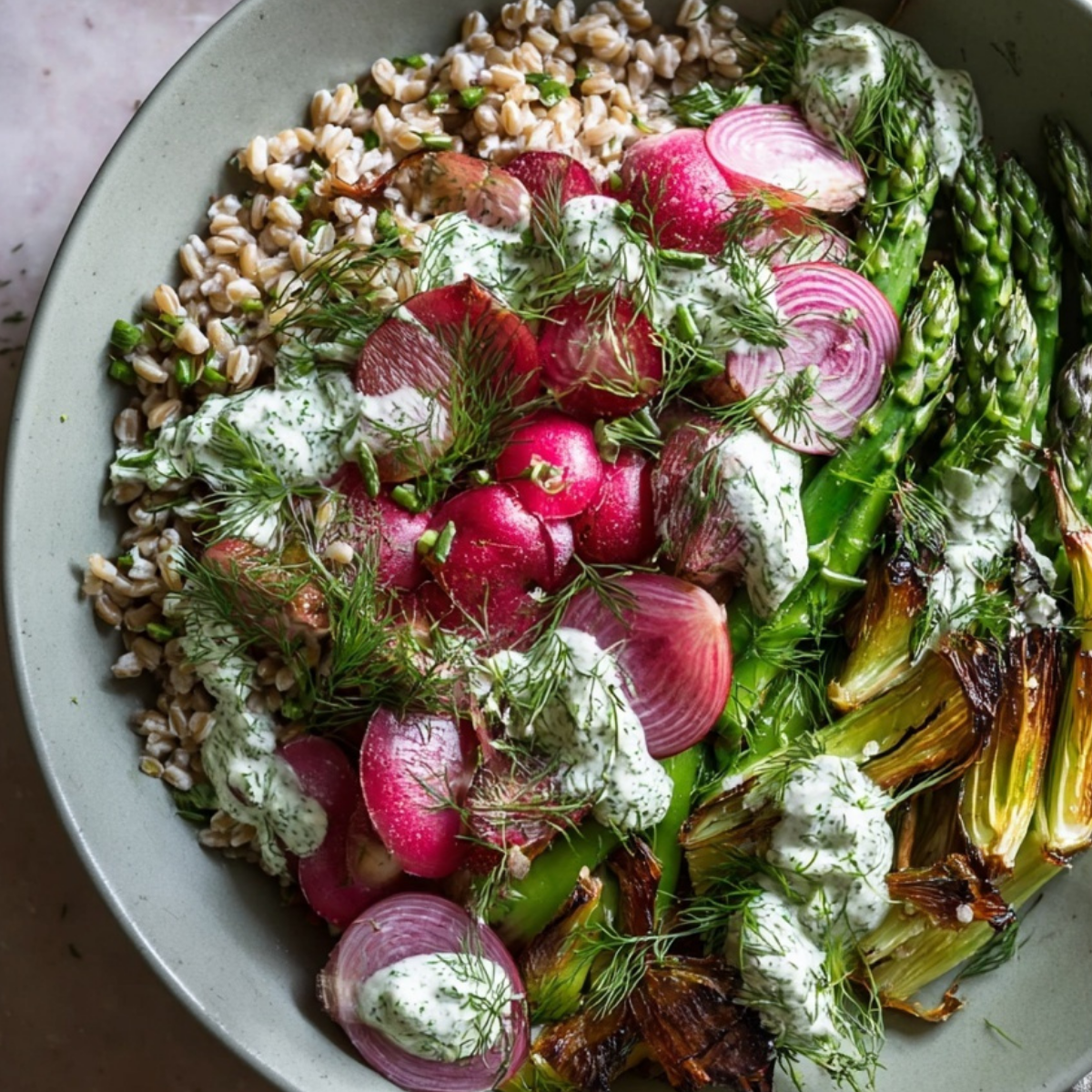 Spring Farro Bowl with Herb Yogurt Sauce – Easy & Fresh - ZazaCook